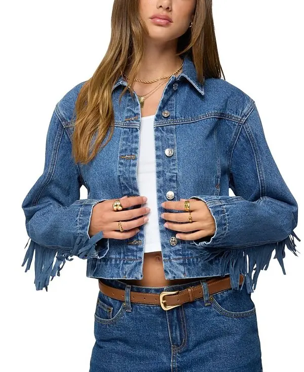 EDIKTED Fringed Denim Jacket - Blue Washed