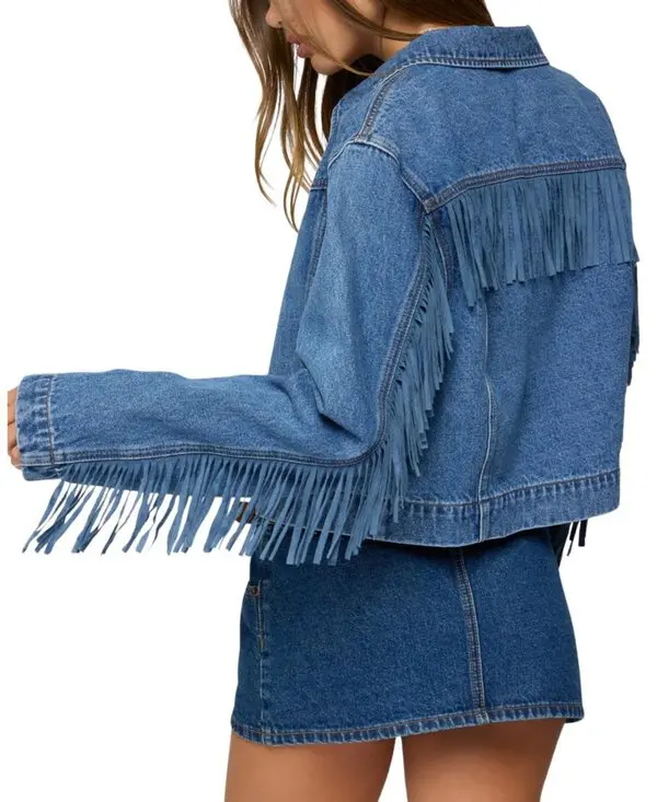 EDIKTED Fringed Denim Jacket - Blue Washed