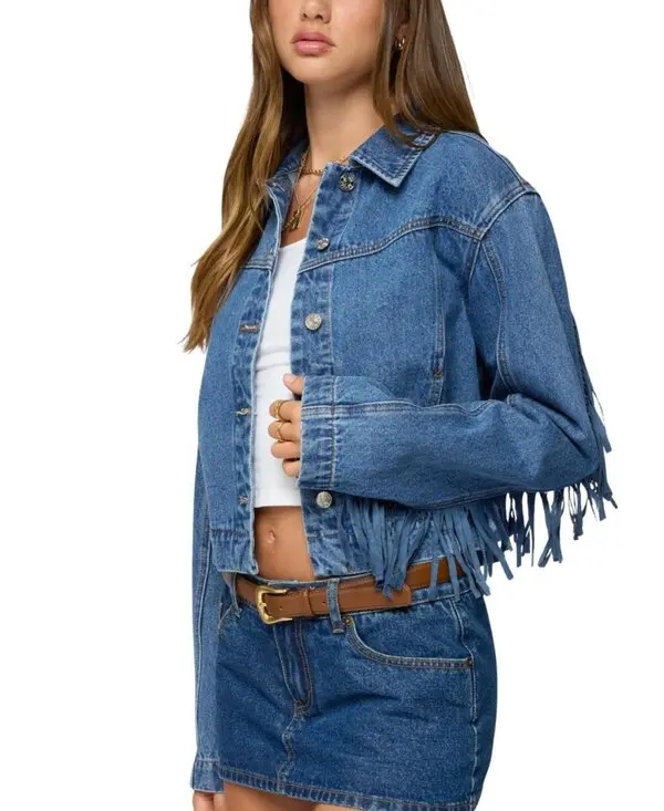 EDIKTED Fringed Denim Jacket - Blue Washed