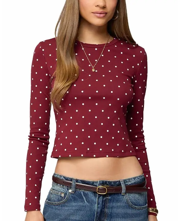 EDIKTED Daliya Polka Dot Long Sleeve Top - Burgundy