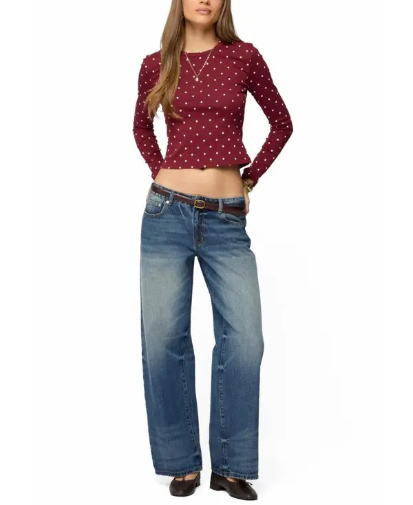 EDIKTED Daliya Polka Dot Long Sleeve Top - Burgundy