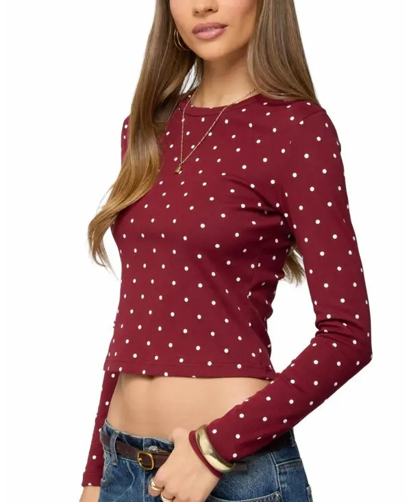 EDIKTED Daliya Polka Dot Long Sleeve Top - Burgundy