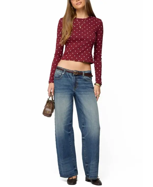 EDIKTED Daliya Polka Dot Long Sleeve Top - Burgundy