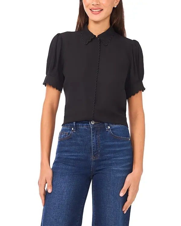 CECE DUPRAZ Puffed Sleeve Scalloped Edge Blouse - Rich Black