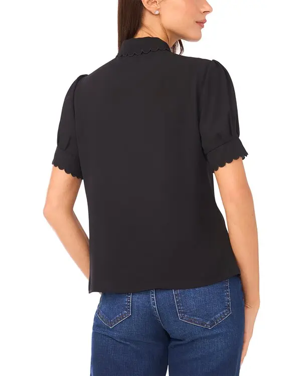 CECE DUPRAZ Puffed Sleeve Scalloped Edge Blouse - Rich Black