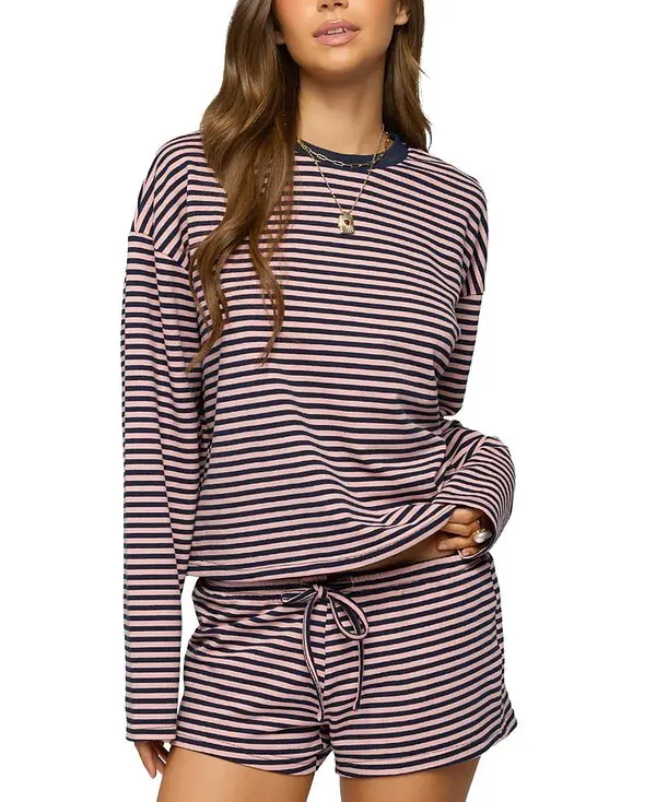 EDIKTED Striped Long Sleeve T-shirt - Navy-and-pink