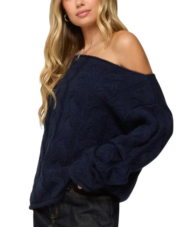 EDIKTED Nellie Off Shoulder Cable Knit Sweater - Navy