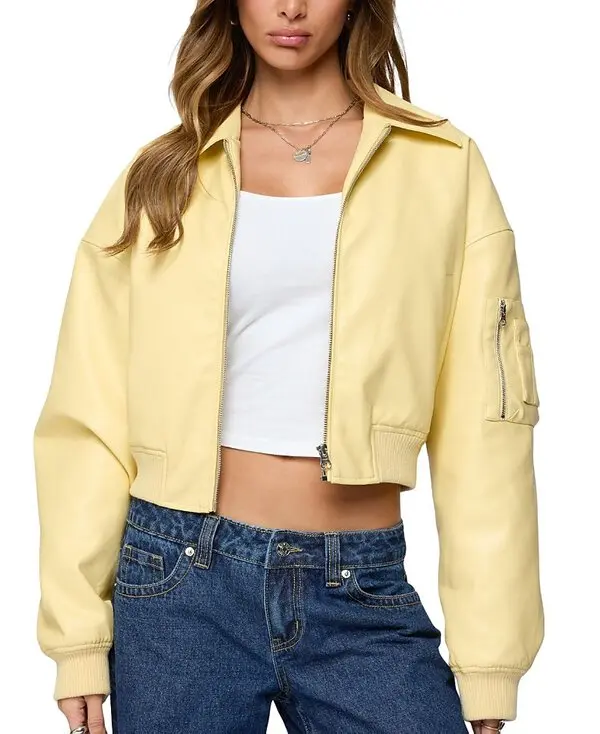 EDIKTED Zayna Cropped Faux Leather Bomber Jacket