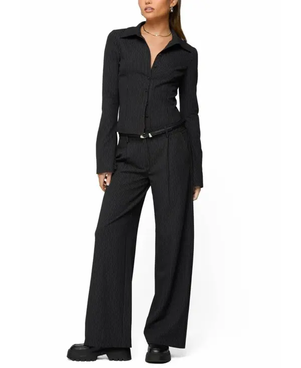 EDIKTED Pinstripe Tailored Button Up Shirt - Black