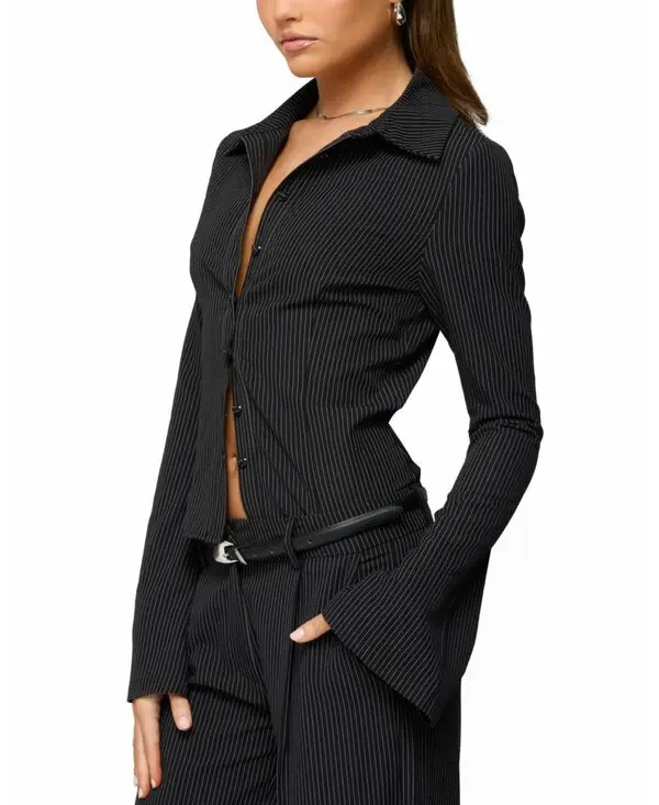 EDIKTED Pinstripe Tailored Button Up Shirt - Black