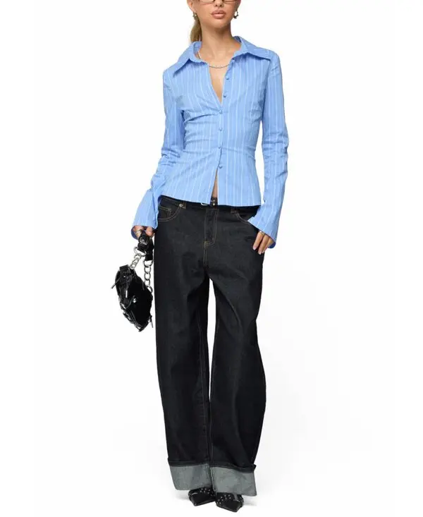 EDIKTED Pinstripe Tailored Button Up Shirt - Blue
