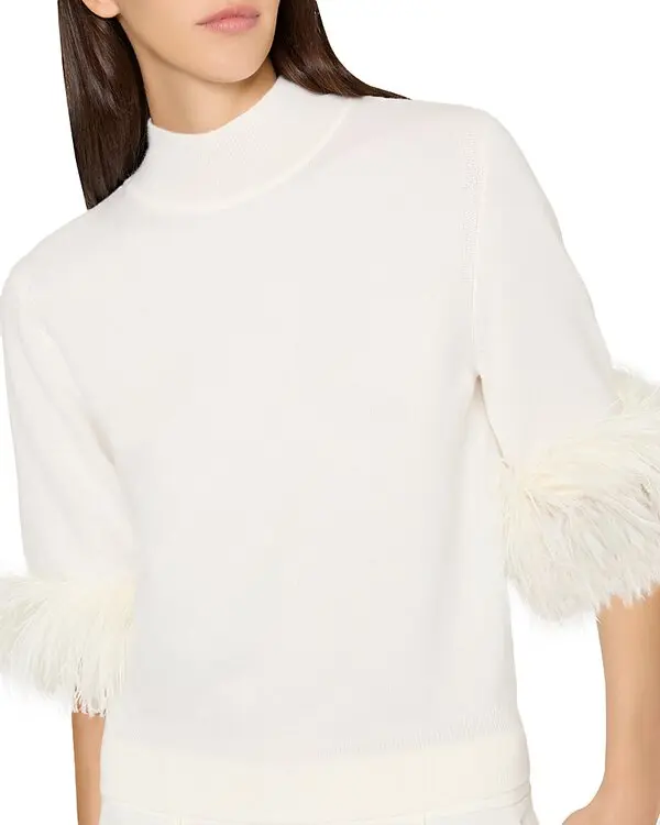 MILLY Feather Cuff Short Sleeve Sweater - Ecru