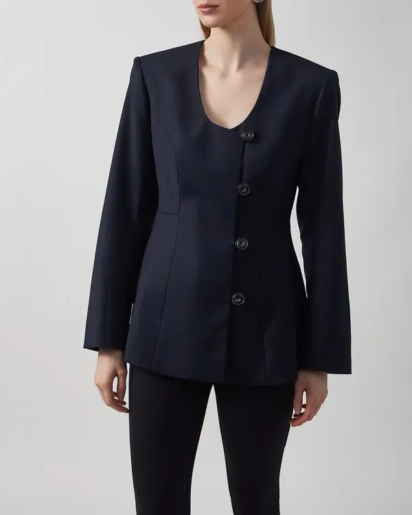 HOUSE OF DAGMAR Collarless Single Breasted Blazer - Navy