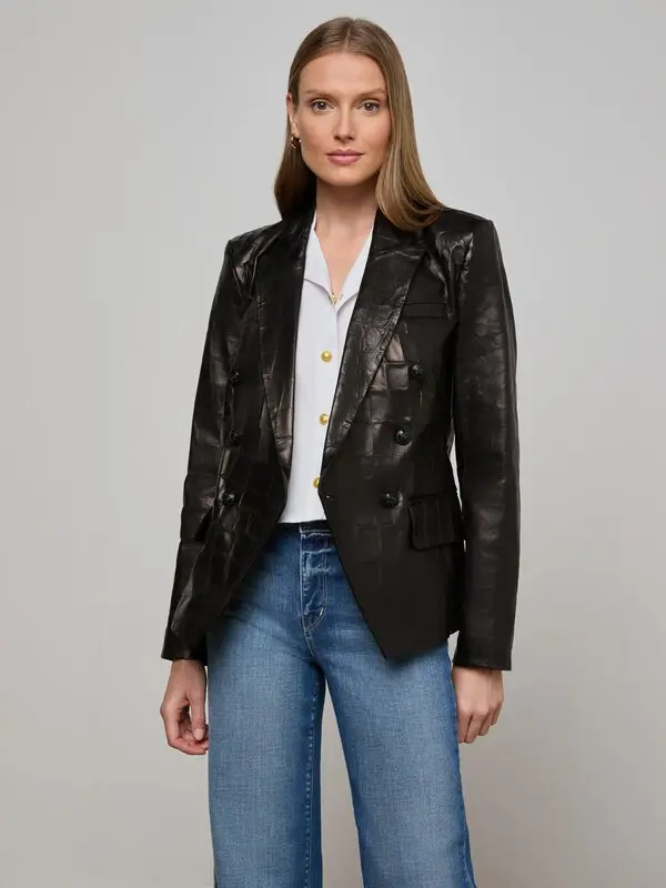 L'Agence Kenzie Croc-embossed Leather Blazer