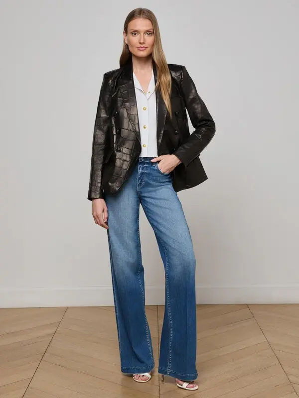 L'Agence Kenzie Croc-embossed Leather Blazer