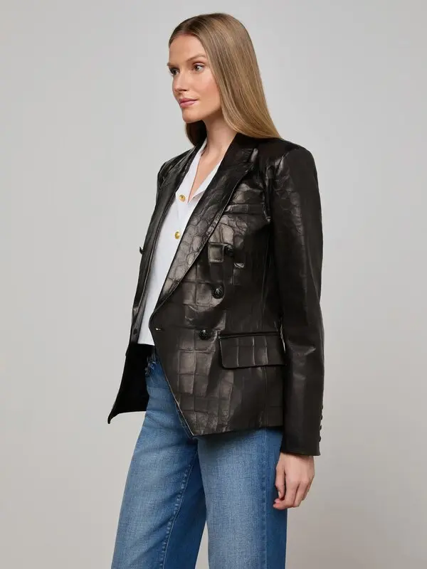 L'Agence Kenzie Croc-embossed Leather Blazer