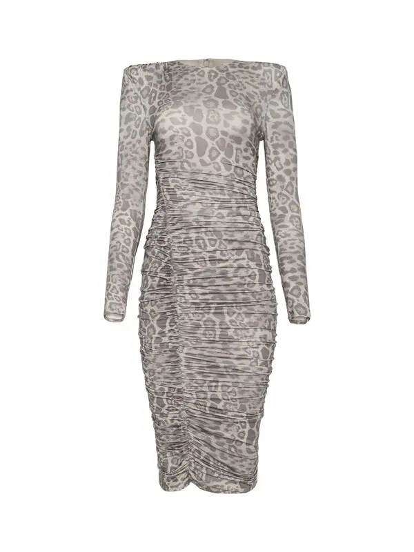 L'Agence Paityn Shirred Dress - Grey Multi Patch Leopard