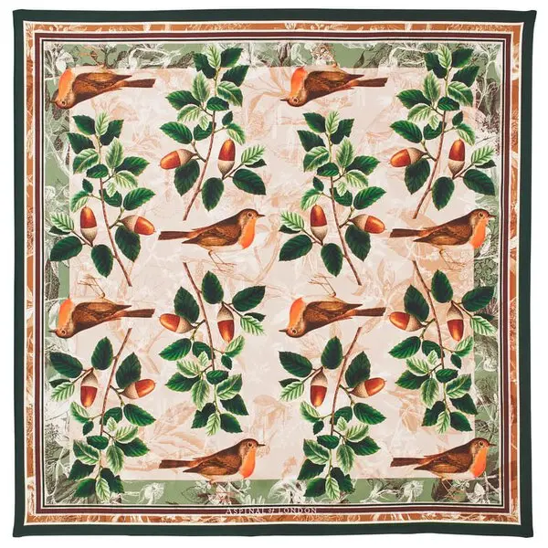 ASPINAL OF LONDON Robin & Acorn Silk Scarf In Green & Brown Pure Silk - Green/brown