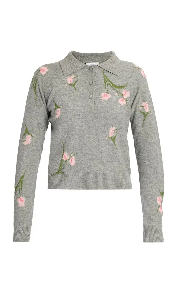 Erdem Floral-knit Merino Wool Polo Sweater - Grey