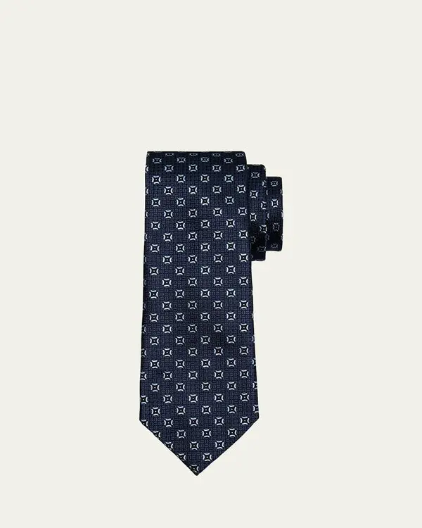 Zegna Woven Medallion Neck Tie - Nvy Fan