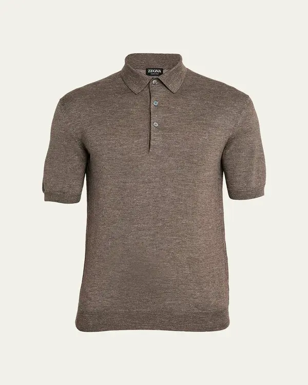 Zegna Melange Silk, Cashmere And Linen Polo Sweater - Dk Bge Sld