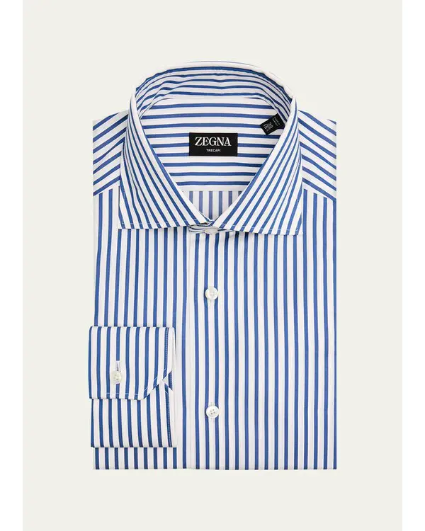 Zegna Trecapi Cotton Bengal Stripe Dress Shirt - Blue