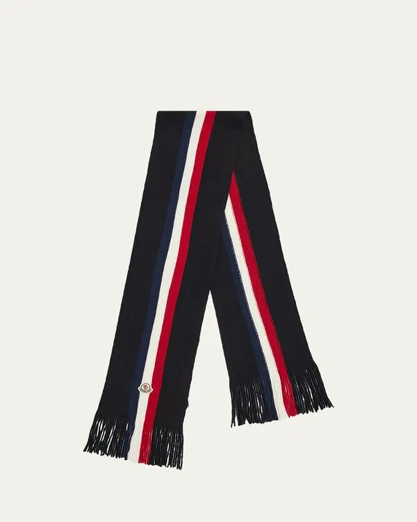 Moncler Wool Tricolor Stripe Fringe Scarf - Black