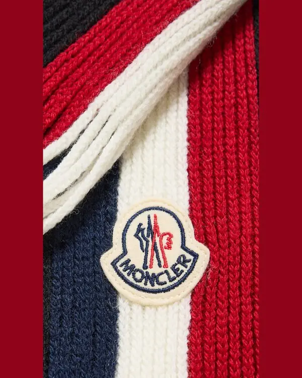 Moncler Wool Tricolor Stripe Fringe Scarf - Black