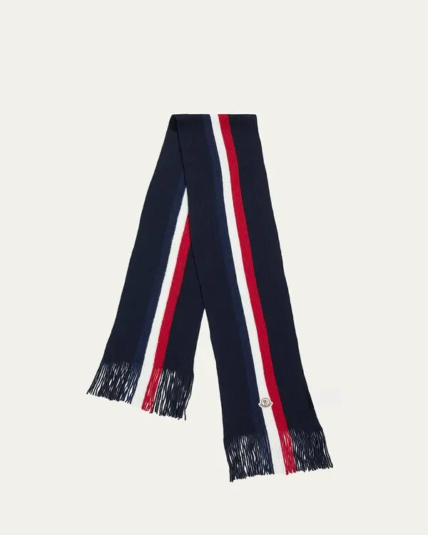 Moncler Wool Tricolor Stripe Fringe Scarf - Navy