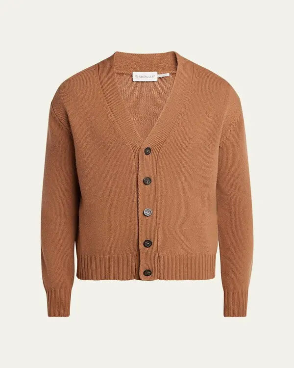 Moncler Leather Logo Wool Knit Cardigan