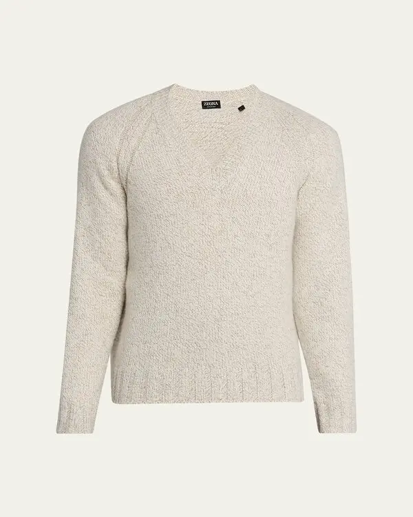 Zegna Cashmere And Wool Chunky Knit V-neck Sweater - Lt Bge Sld