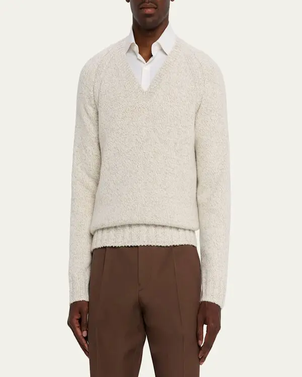 Zegna Cashmere And Wool Chunky Knit V-neck Sweater - Lt Bge Sld