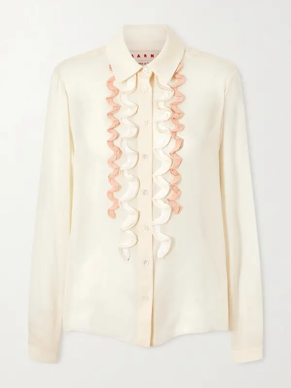 Marni Ruffled Crepe-trimmed Silk Shirt - Neutrals