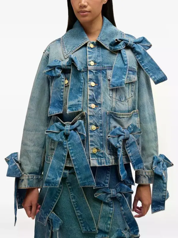 GANNI Bow-embellished Relaxed Fit Denim Jacket - Blue