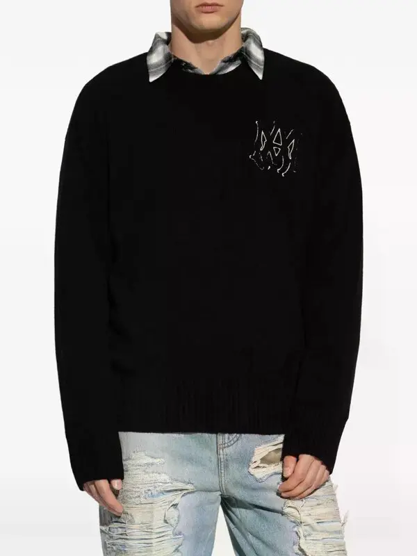 Amiri Ma Crew Neck Sweater In Virgin Wool With Logo Appliqués - Black