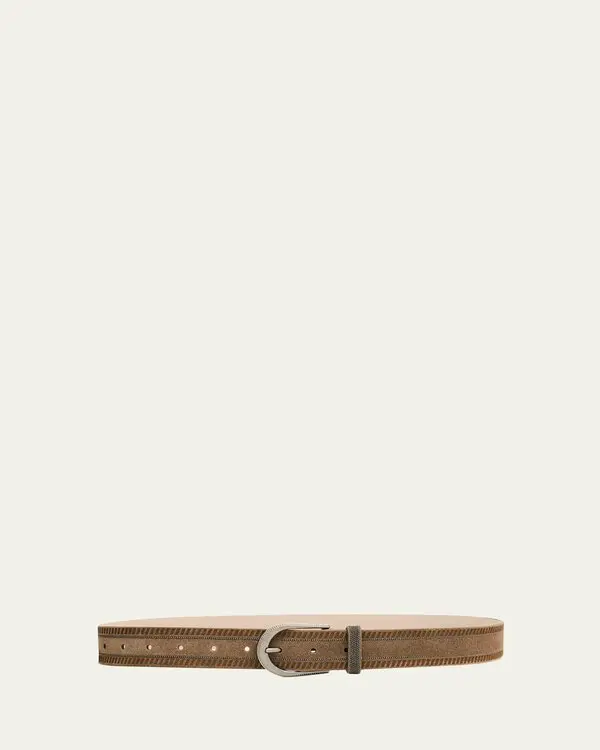 Brunello Cucinelli Wes Suede Belt With Monili Trim - Brown