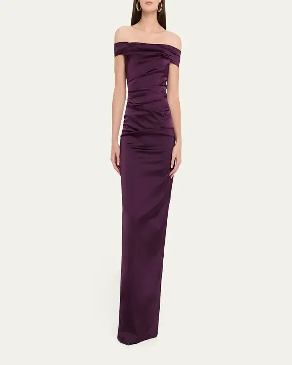 Rickie Freeman For Teri Jon Off-shoulder Satin Column Gown