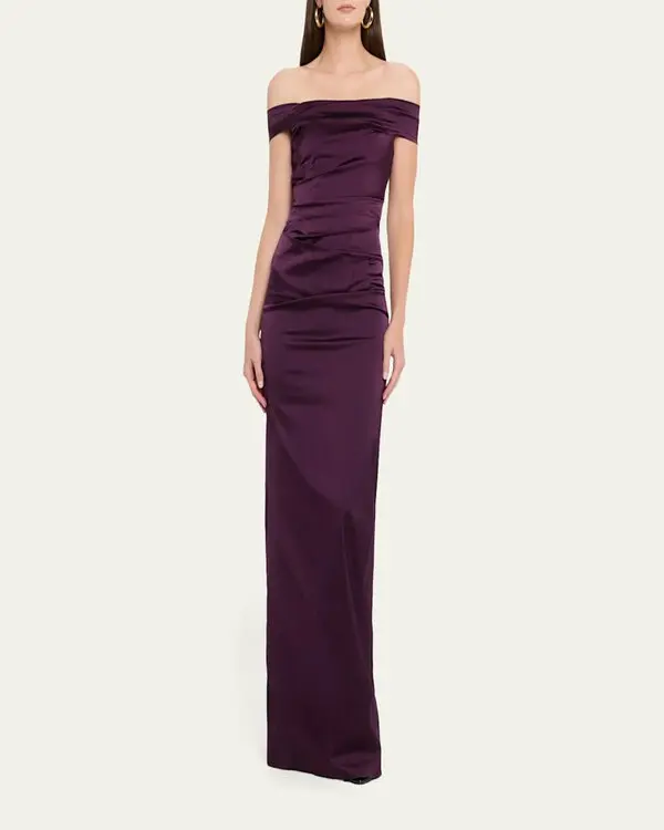 Rickie Freeman For Teri Jon Off-shoulder Satin Column Gown