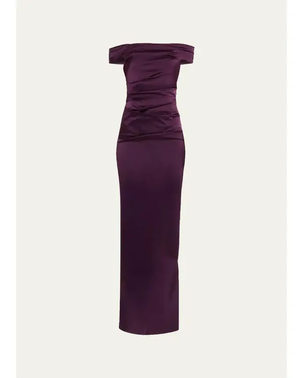 Rickie Freeman For Teri Jon Off-shoulder Satin Column Gown - Plum