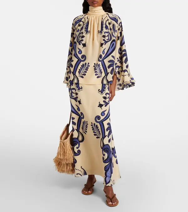 Johanna Ortiz Paisley Silk Maxi Skirt - White