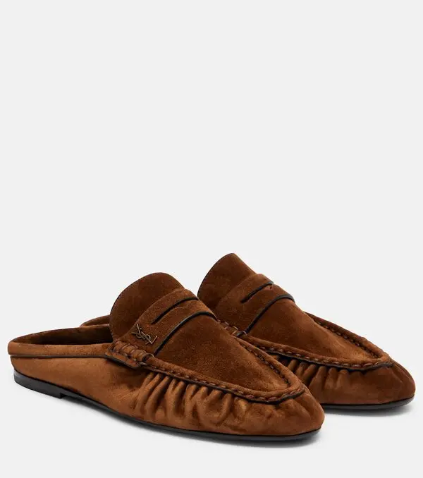 Saint Laurent Le Loafer Suede Mules - Brown