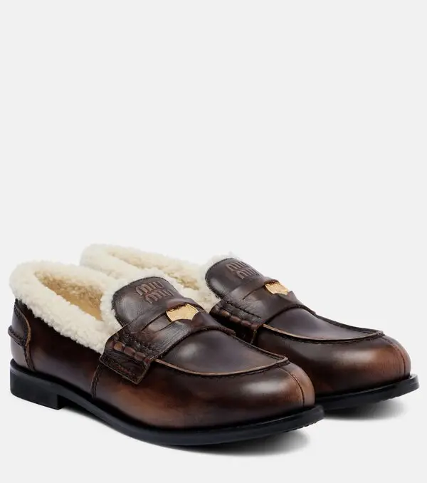 Miu Miu Shearling-lined Leather Penny Loafers - Brown