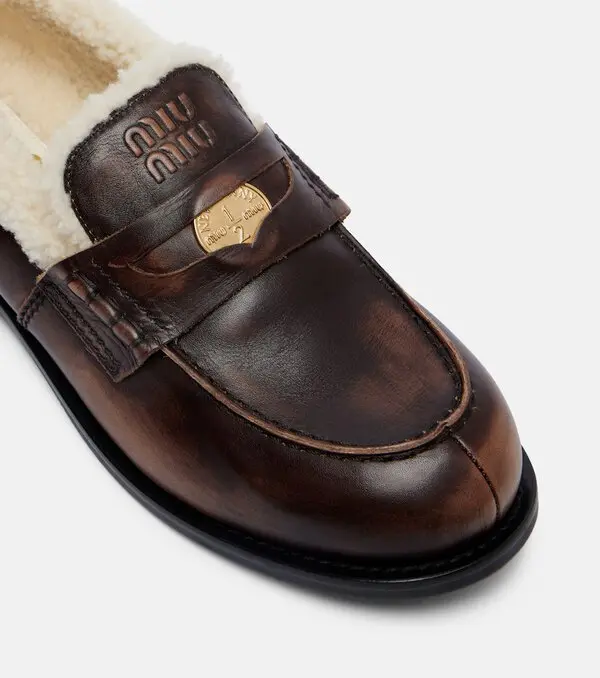 Miu Miu Shearling-lined Leather Penny Loafers - Brown