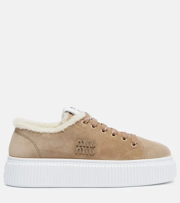 Miu Miu Shearling-lined Suede Platform Sneakers - Brown