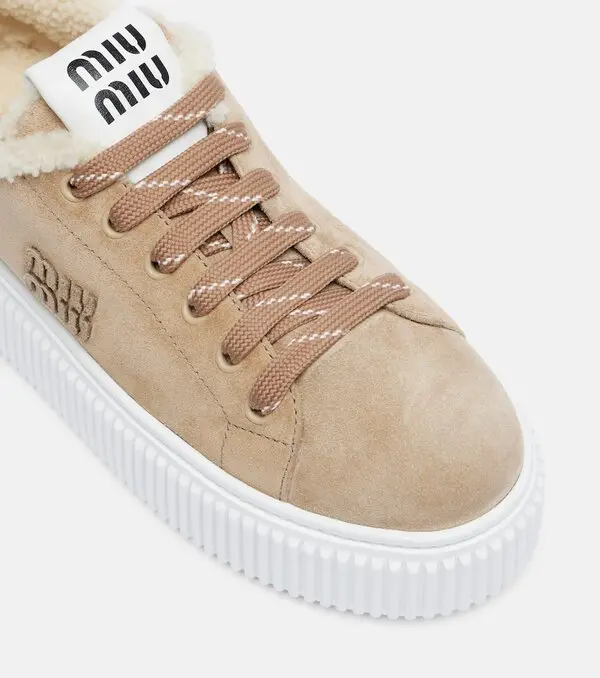 Miu Miu Shearling-lined Suede Platform Sneakers - Brown