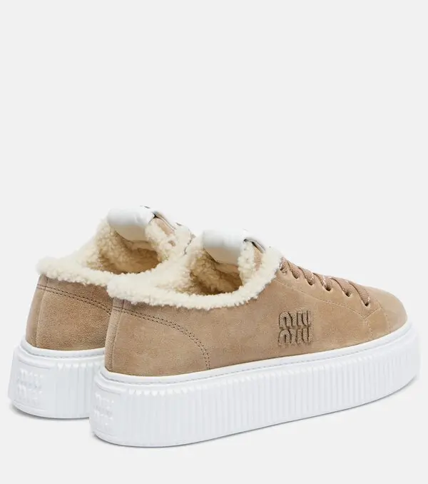 Miu Miu Shearling-lined Suede Platform Sneakers - Brown