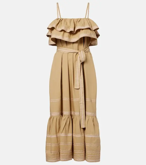 Ulla Johnson Lucian Ruffled Cotton Midi Dress - Beige