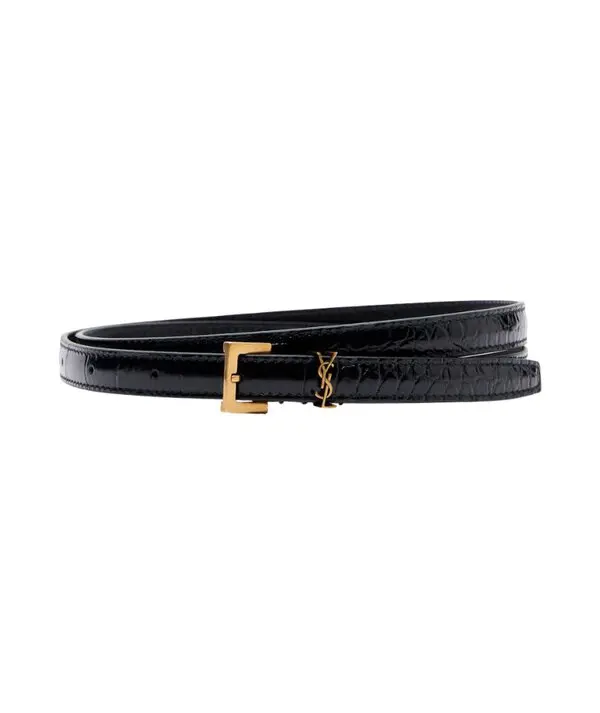 Saint Laurent Cassandre Croc-effect Leather Belt - Black