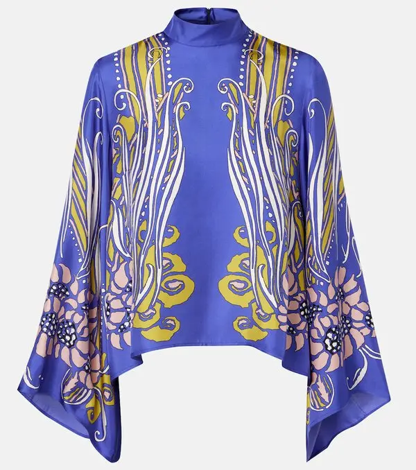 La DoubleJ Printed Silk Satin Blouse - Blue