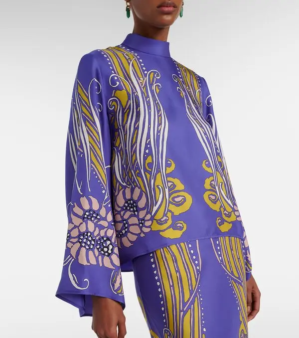 La DoubleJ Printed Silk Satin Blouse - Blue